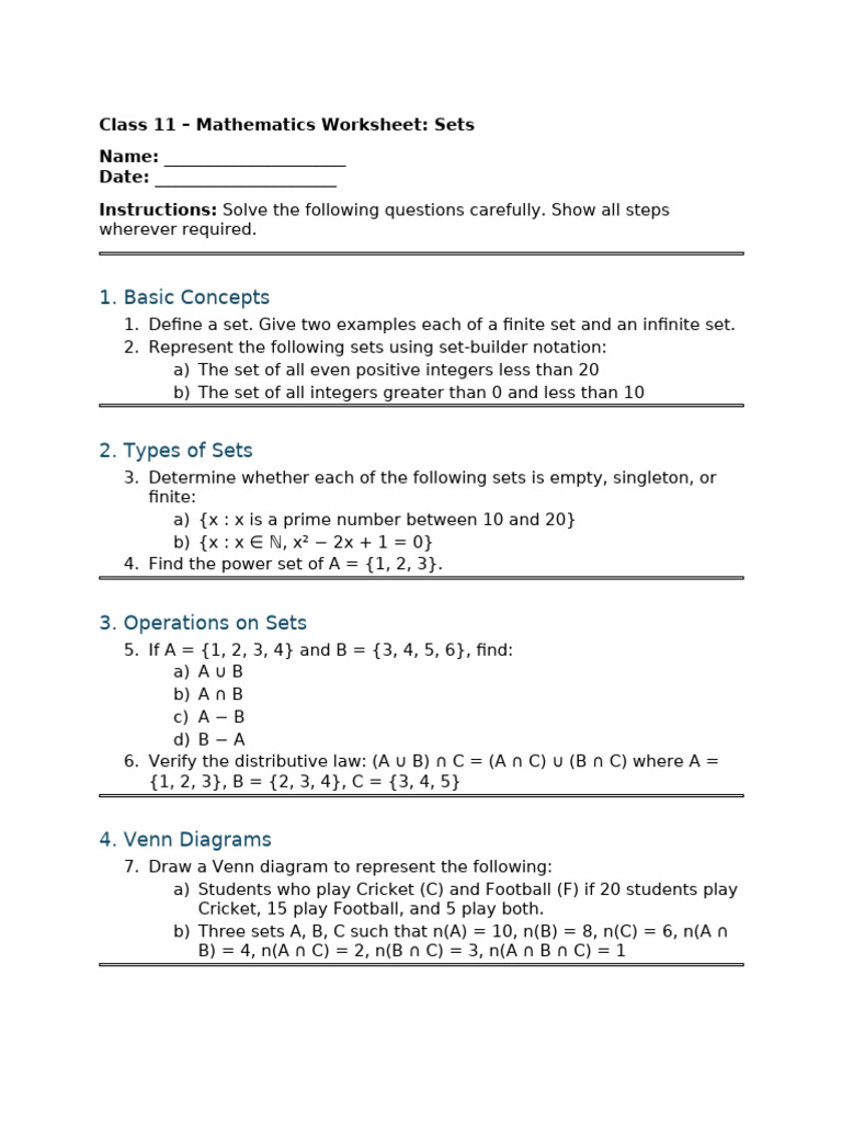 Class 11 Sets Mathematics Worksheet | PDF