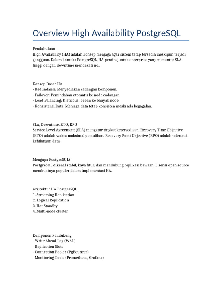 Overview High Availability PostgreSQL | PDF