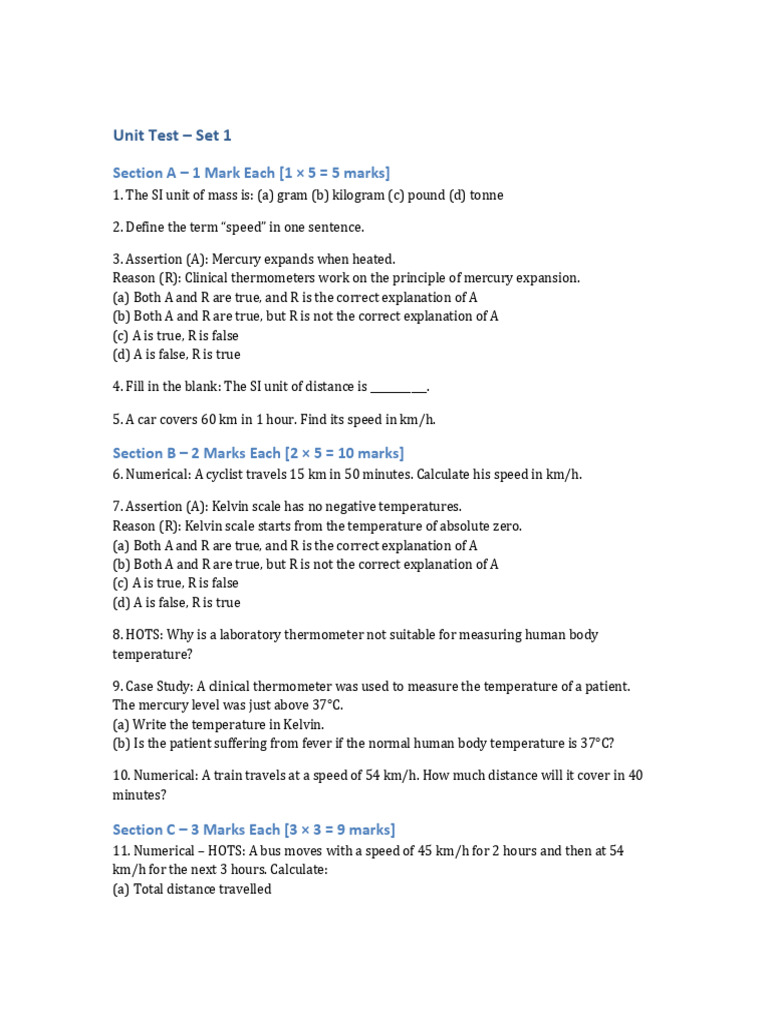 Physics Unit Tests Set1 Set2 | PDF | Temperature | Thermometer