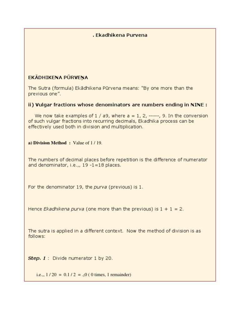 Ekadhikena Purvena - Division - Vedic Maths | PDF | Fraction (Mathematics) | Lexicology