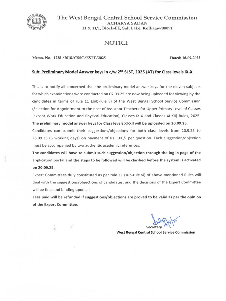 Notice Masterkey and Answer Key - 2nd SLST (At) 2025 Memo No 1738 | PDF