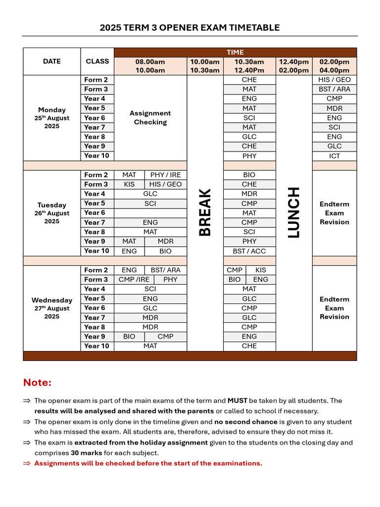 25opener T3 Timetable | PDF | Tests | Educational Assessment And Evaluation