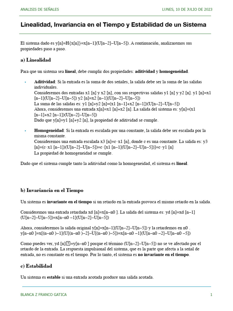 Linealidad, Invariancia en El Tiempo y Estabilidad de Un Sistema | PDF ...