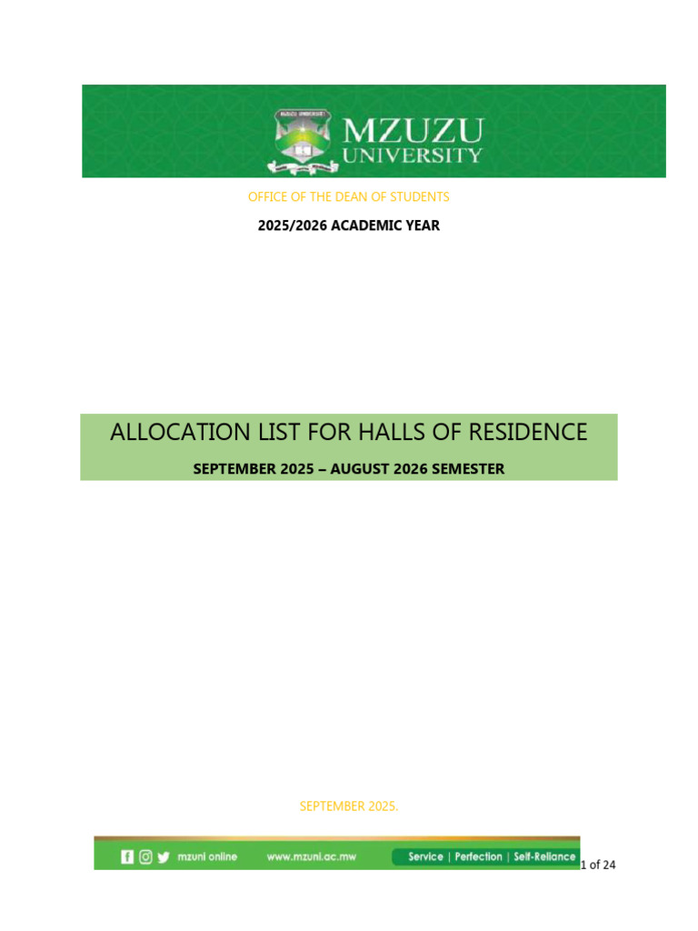 Mzuzu University Residence Allocation 2025 | PDF
