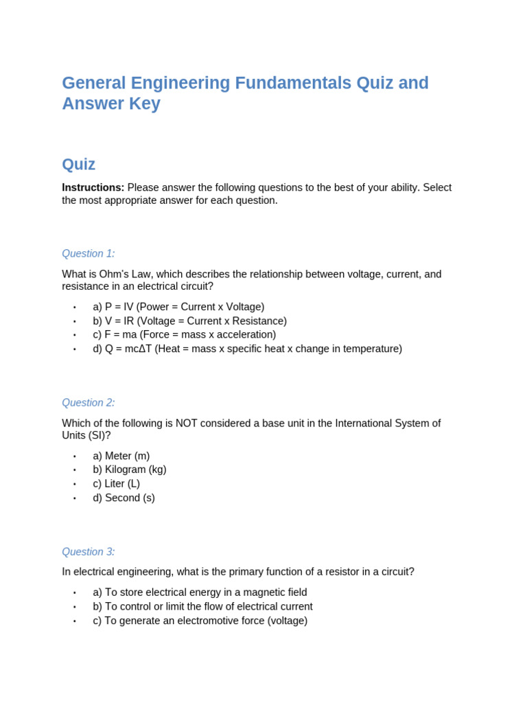 Engineering Quiz Sample | PDF | Voltage | Electric Current