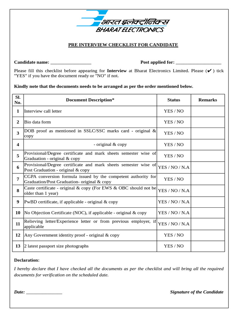 Pre Interview Checklist For Candidate | PDF | Government And Personhood | Authentication