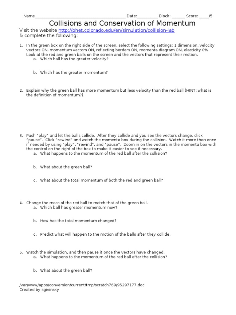 Momentum PhET Activity | PDF | Momentum | Collision