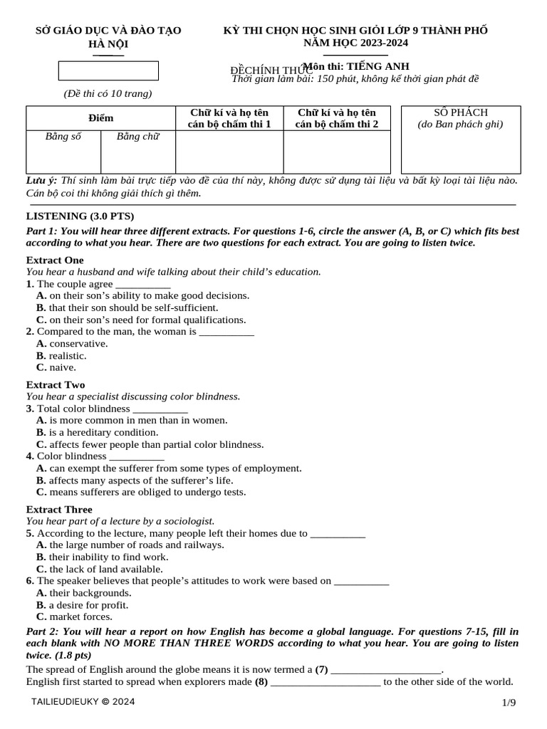 2023-2024 Grade 9 English Exam Paper | PDF | English Language | Feeling