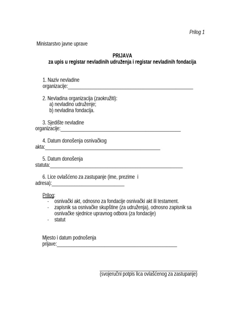 Prijava Za Upis U Registar NVO | PDF
