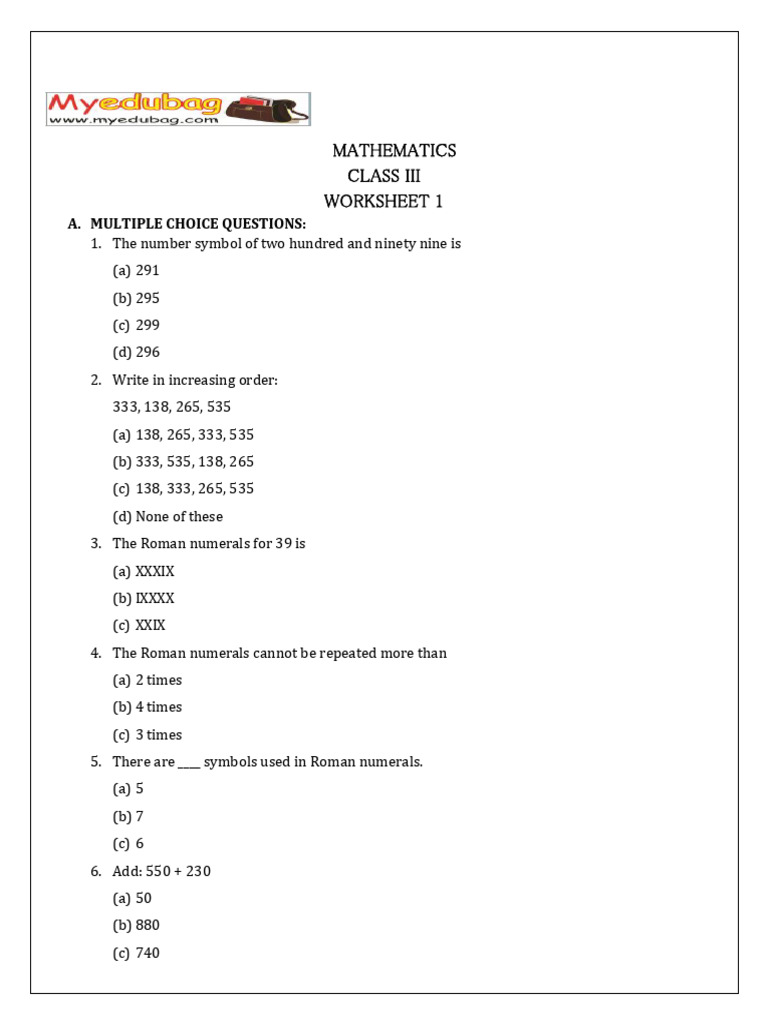 Class 3 Mathematics Worksheet 1 | PDF | Division (Mathematics) | Numbers