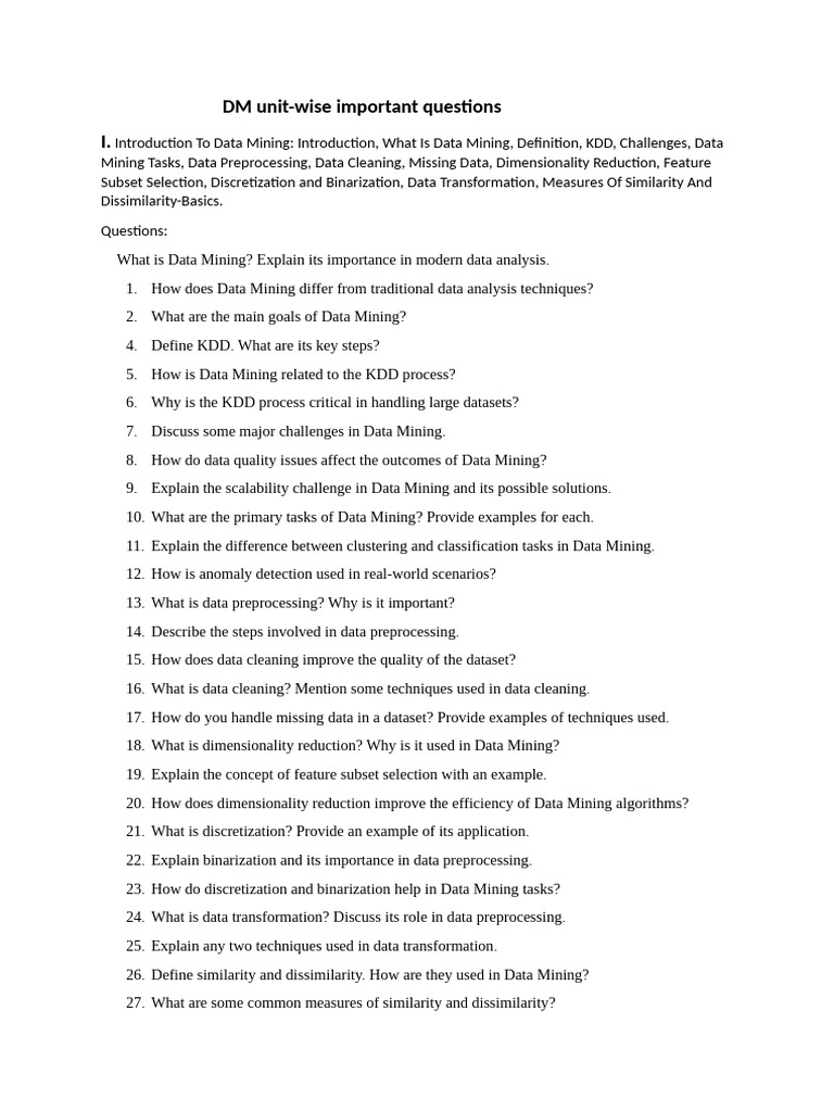 DM Unit Wise Important Questions | PDF | Cluster Analysis | Statistical ...