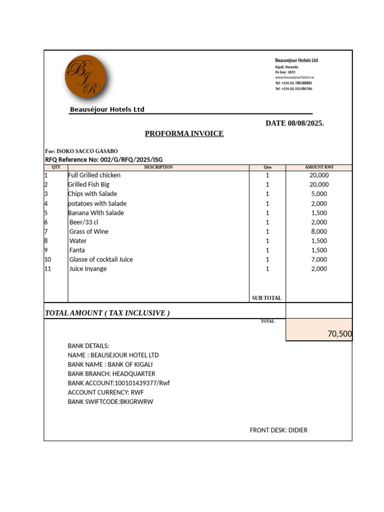 Isoko Sacco Gasabo Proforma Invoice | PDF | Foods