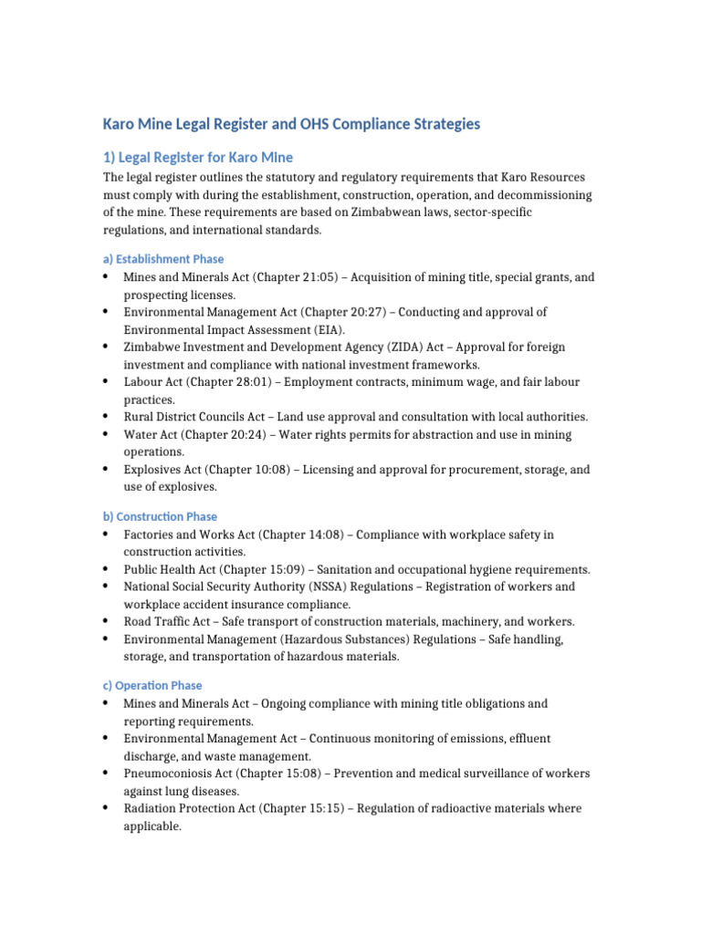 Karo Mine Legal Register and OHS Compliance | PDF | Occupational Safety ...