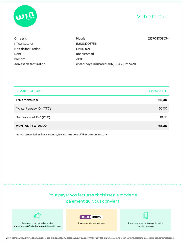 Facture Mobile de Mars 2021 - Abdessamad | PDF