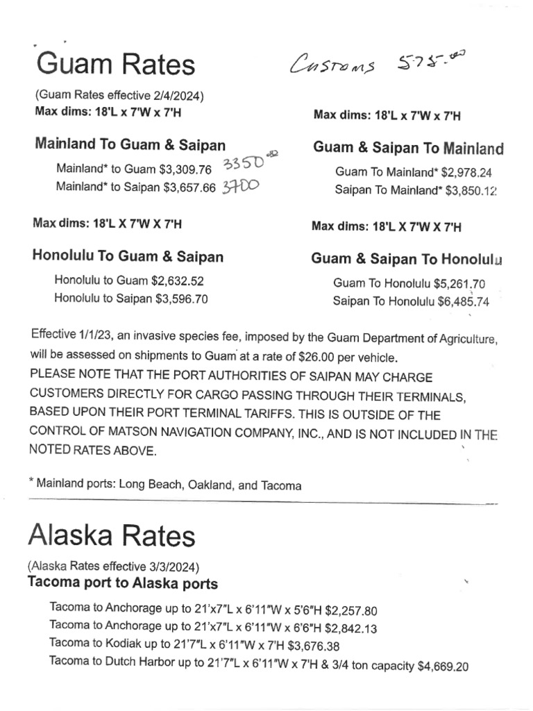 Guam Rates For Transcar | PDF