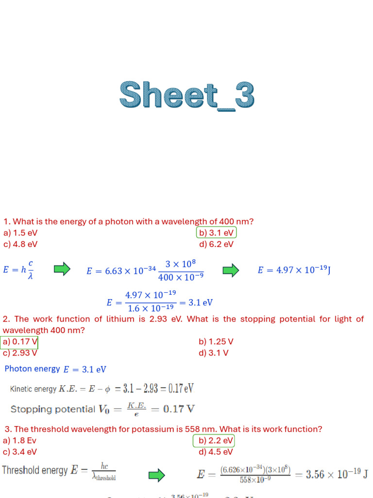 Sheet - 3 Photoelectric Effect | PDF | Photoelectric Effect | Physics