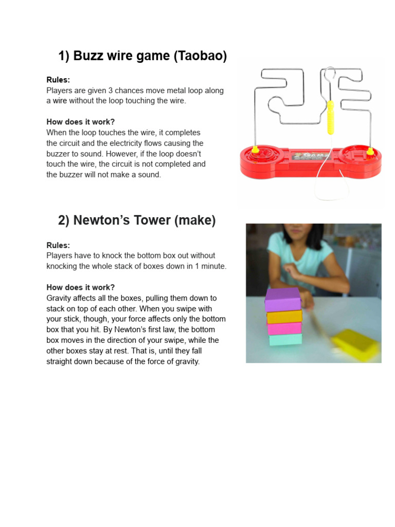 Buzz Wire and Newton's Tower Games Guide | PDF