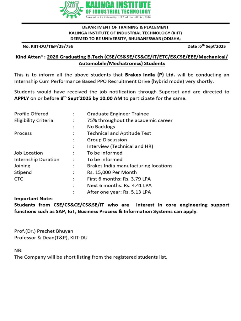 Registration For Brakes India (P) Ltd. Internship Cum PPO Recruitment Drive - 2026 Batch | PDF