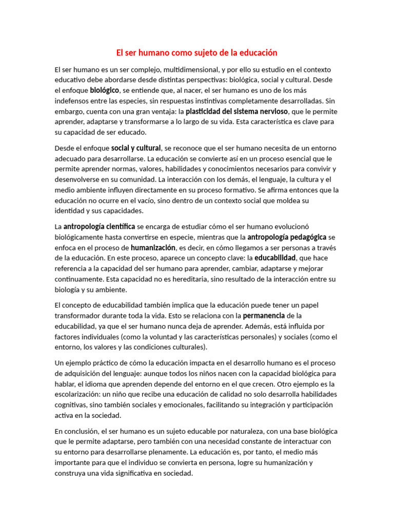 El Ser Humano Como Sujeto de La Educación | PDF | Aprendizaje | Humano