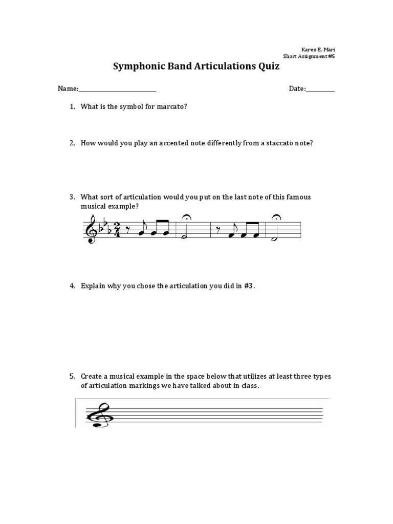 Symphonic Band Articulations Quiz | PDF