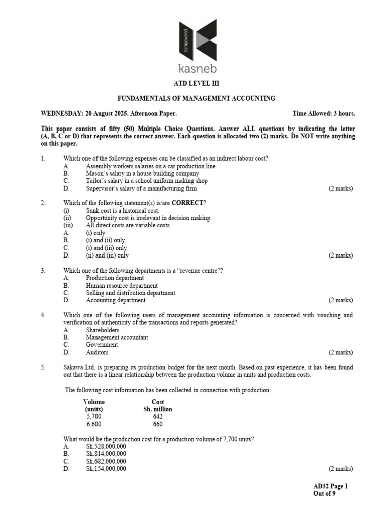 Fundamentals of Management Accounting Past Papers | PDF | Business ...