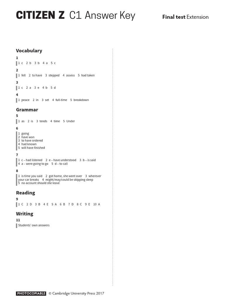 C1 Vocabulary and Grammar Answer Key | PDF