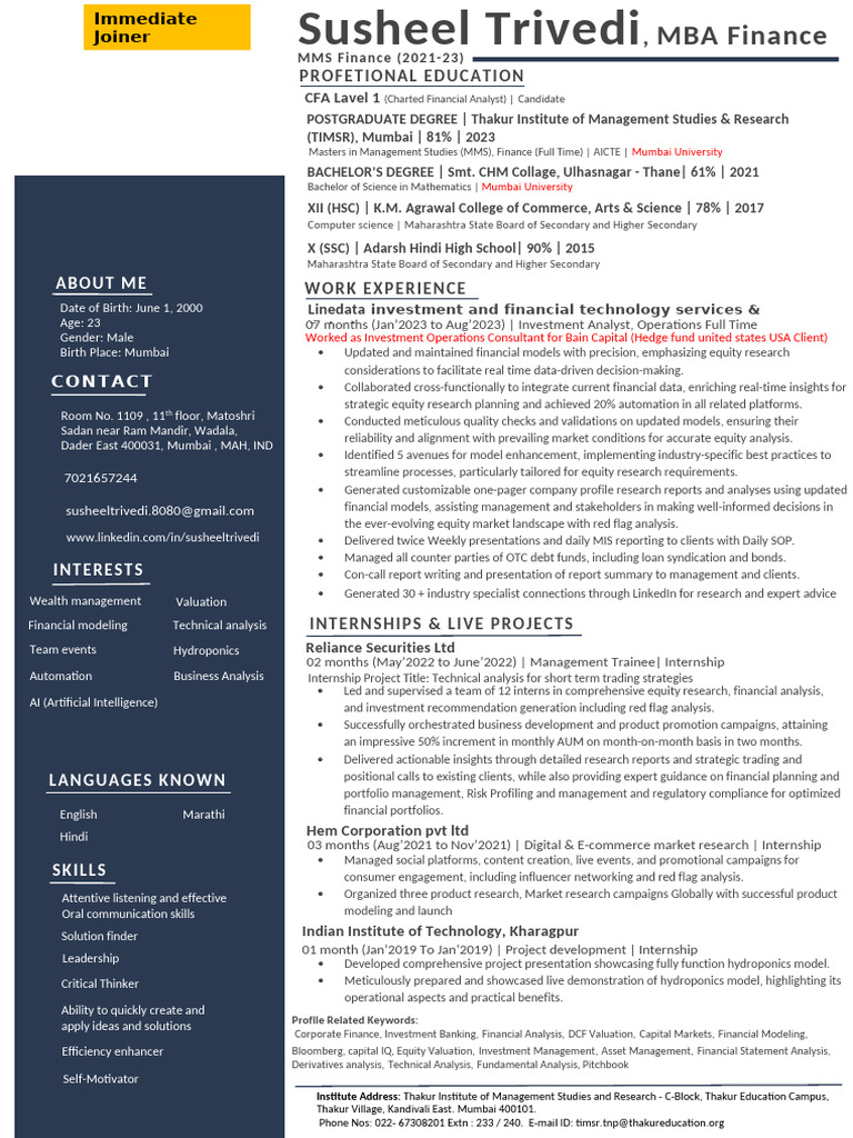 Susheel Trivedi: Finance Professional Profile | PDF | Investment ...