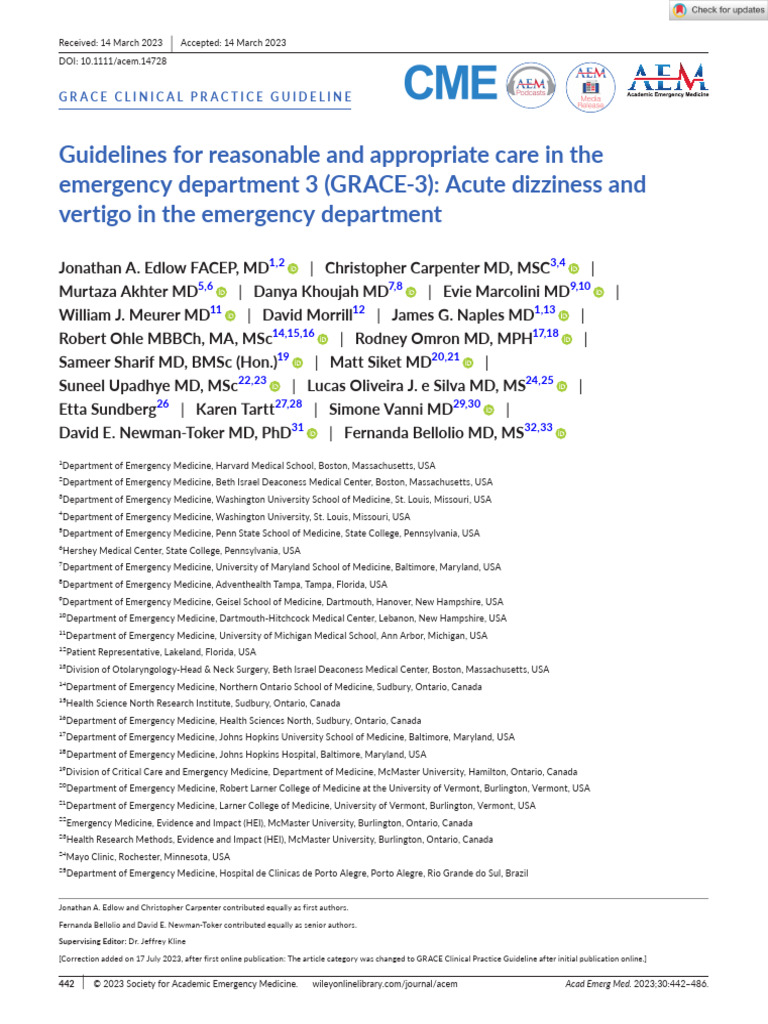 Acute Dizziness and Vertigo in The ED Guidelines For Reasonable and ...