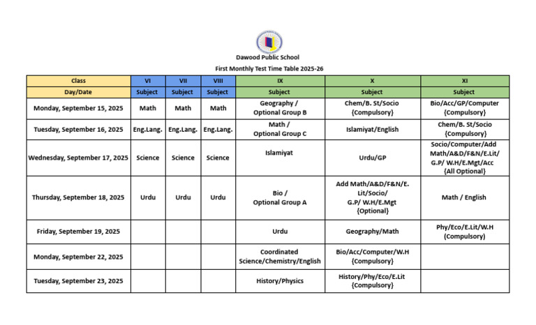 First Monthly Test Time Table 2025-26 (Revised) .XLSX - 1st Term 1st M ...
