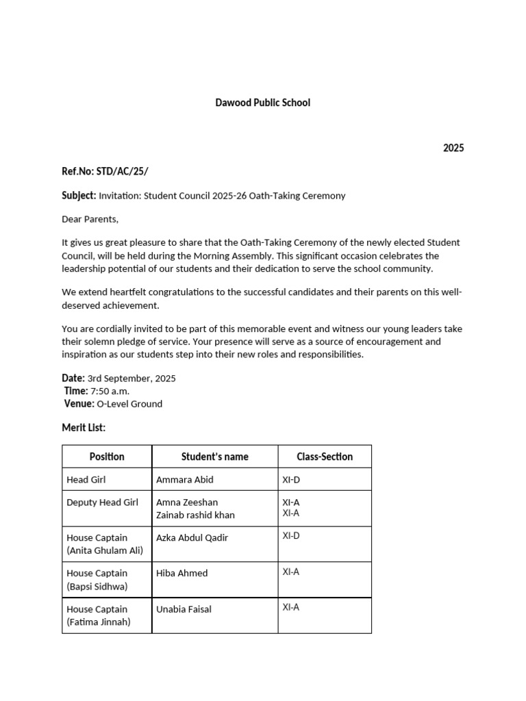 Invitation To Oath-Taking Ceremony of The Student Council | PDF