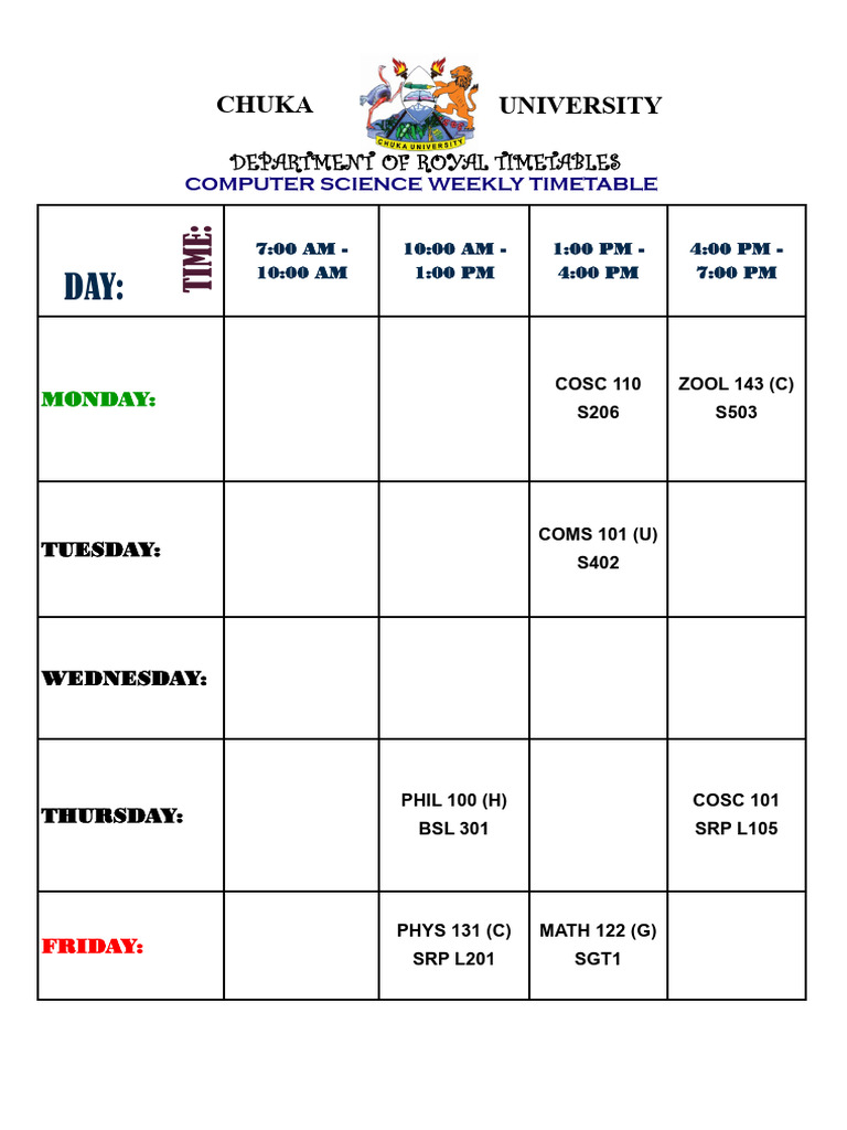 Chuka University Computer Science Timetable | PDF