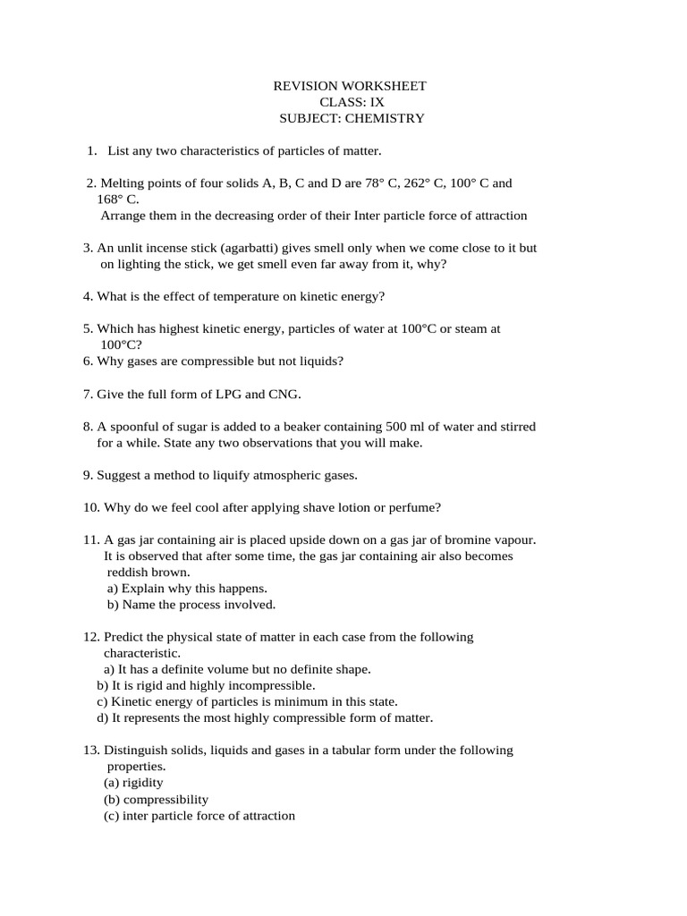 Chemistry Revision Worksheet for Class IX | PDF