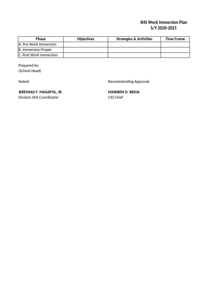 Work Immersion Plan 2020 2021 - Template | PDF