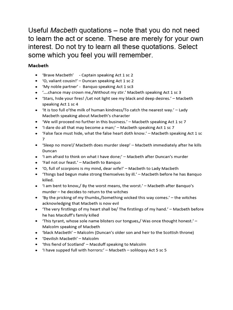 Key Quotations from Macbeth | PDF | Macbeth | Shakespearean Characters