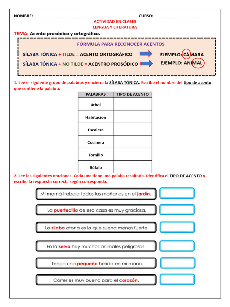Actividades en Clase - Acento Prosódico y Ortográfico | PDF