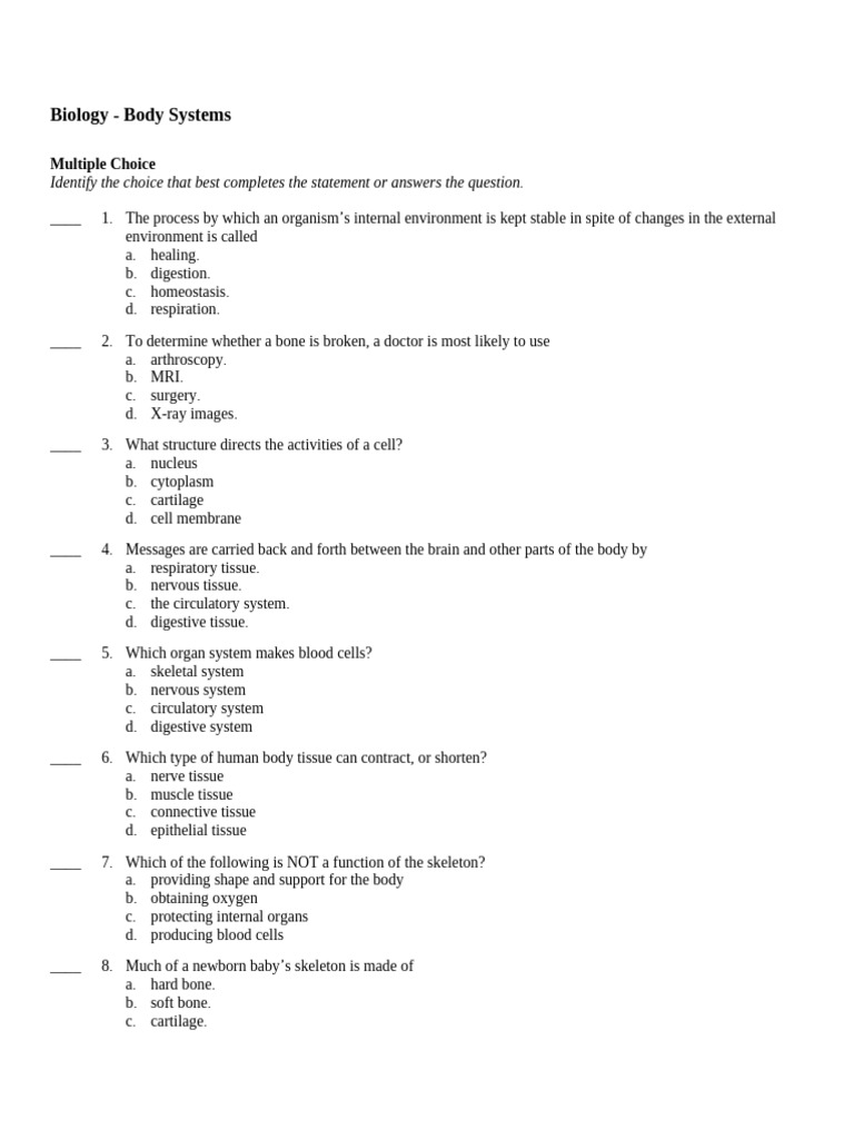 Biology Quiz: Human Body Systems | PDF | Human Body | Blood