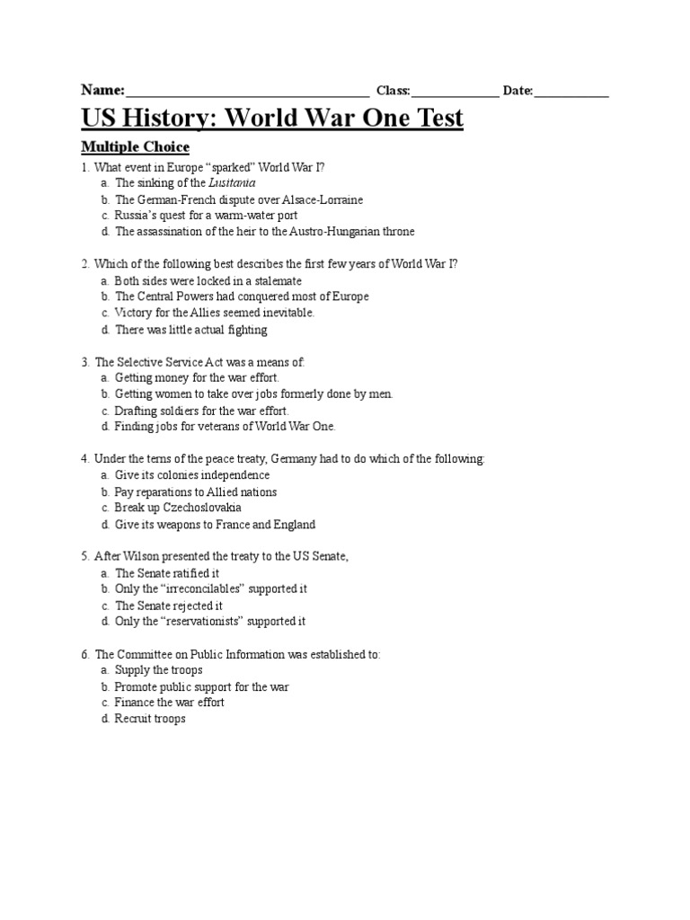 World War One Test | PDF | World War I | German Empire