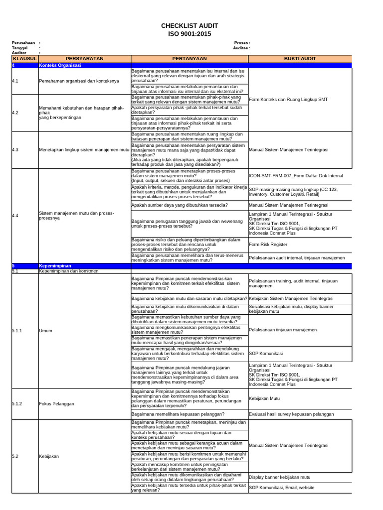 Checklist Audit ISO 9001-2015 r02 | PDF