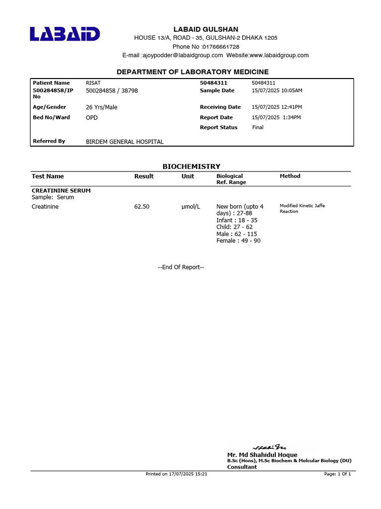 Biochemistry Report: Serum Creatinine Test | PDF