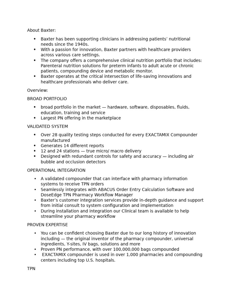Baxter's Total Parenteral Nutrition Solutions | PDF