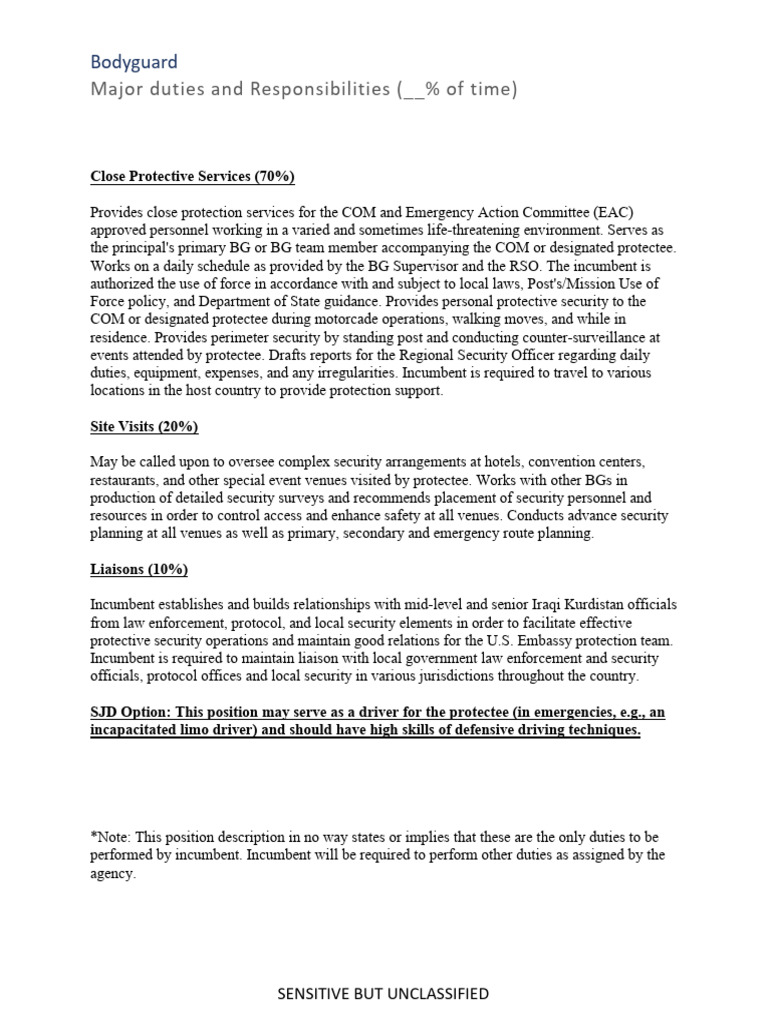 Bodyguard Major Duties and Responsibilities | PDF