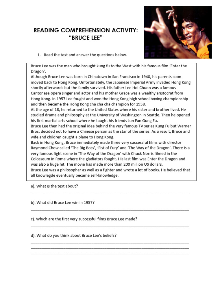 Bruce Lee Reading Comprehension Activity | PDF | Bruce Lee
