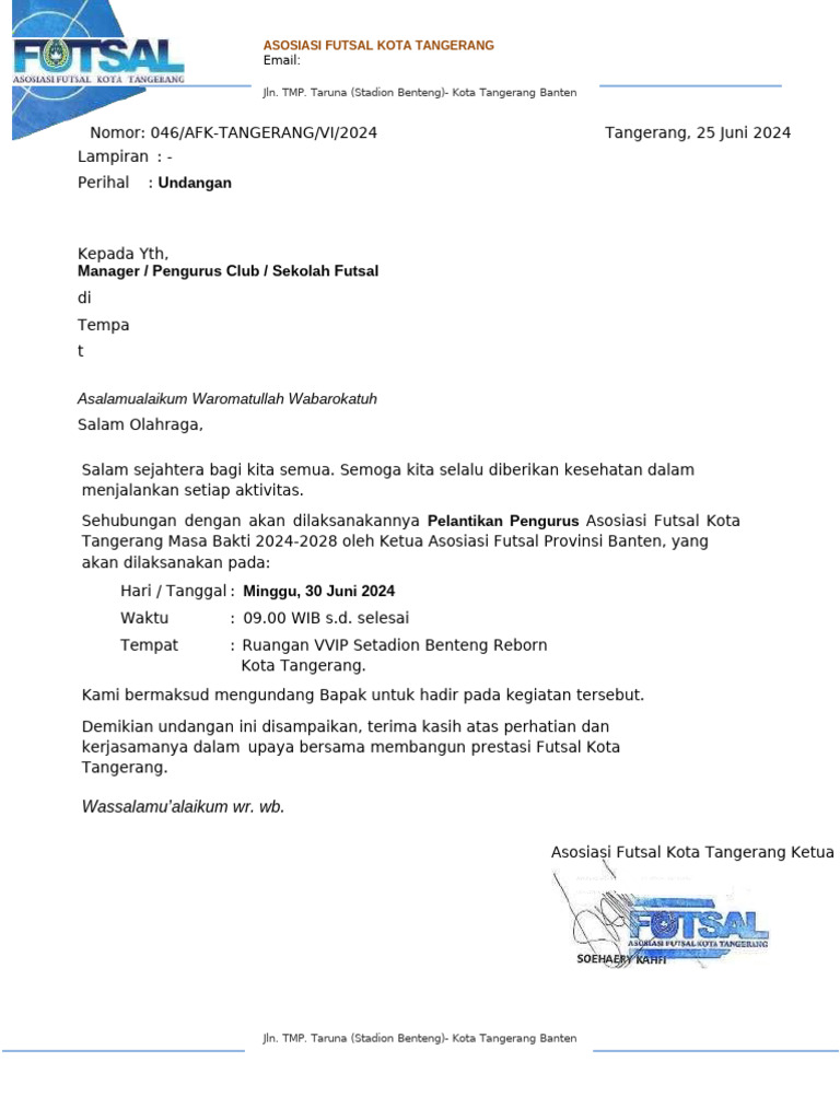 Undangan Pelantikan Futsal Tangerang 2024 | PDF