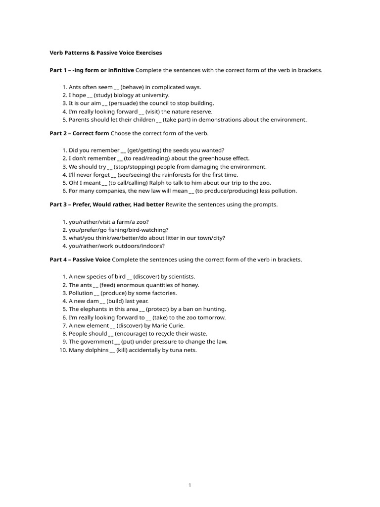 Verb Patterns and Passive Voice Exercises | PDF