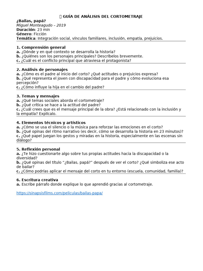 Guía de Análisis Del Cortometraje Bailas, Papá | PDF | Invalidez ...