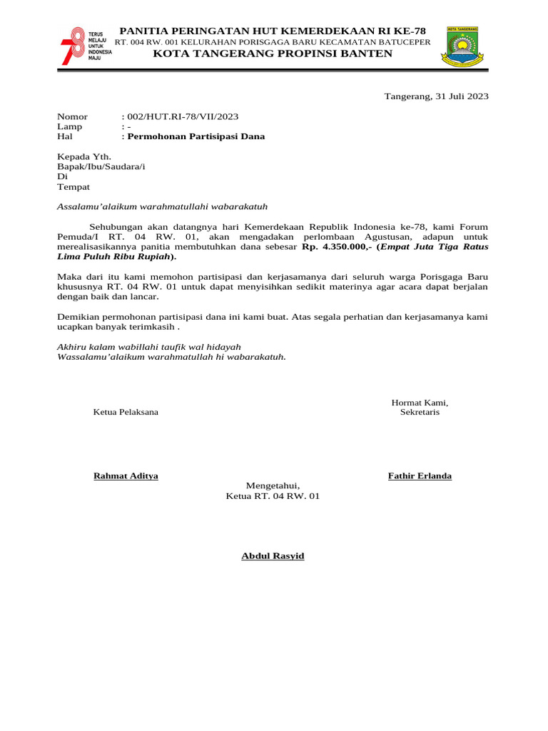 Surat Permohonan Dana RT. 04 RW. 01 | PDF