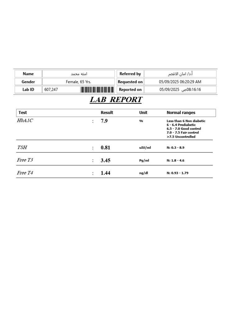 Lab Report: HbA1C and Thyroid Results | PDF