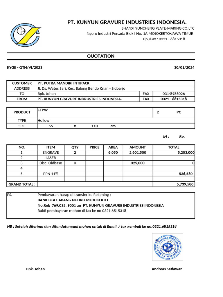 Penawaran PT Kunyun Gravure Indonesia | PDF