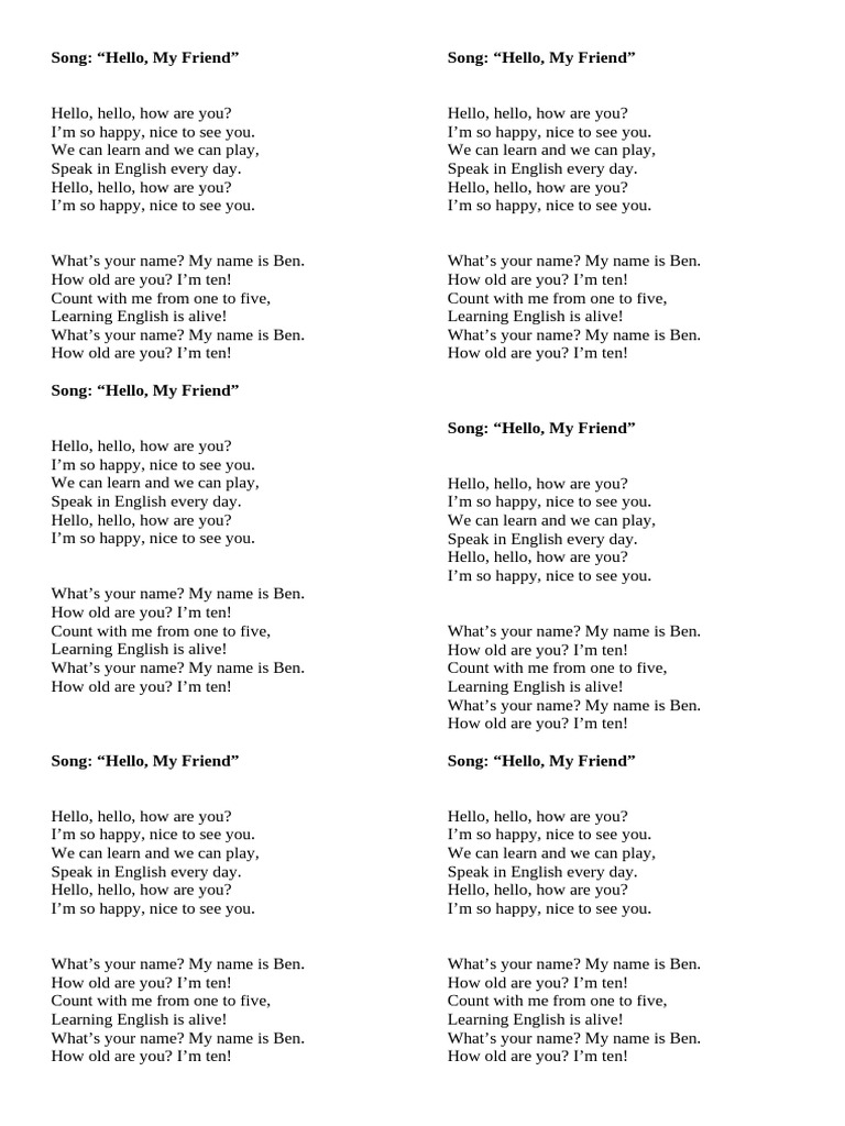 Hello, My Friend: English Song Lyrics | PDF