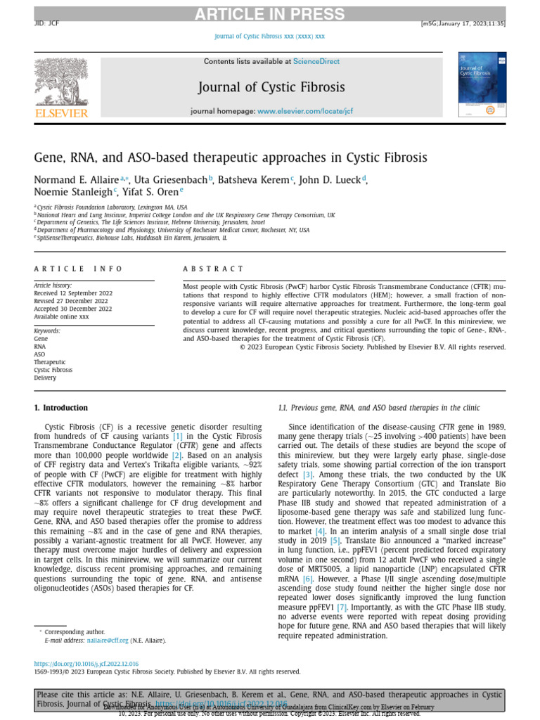 Gene, RNA, and ASO-based Therapeutic Approaches in Cystic Fibrosis ...